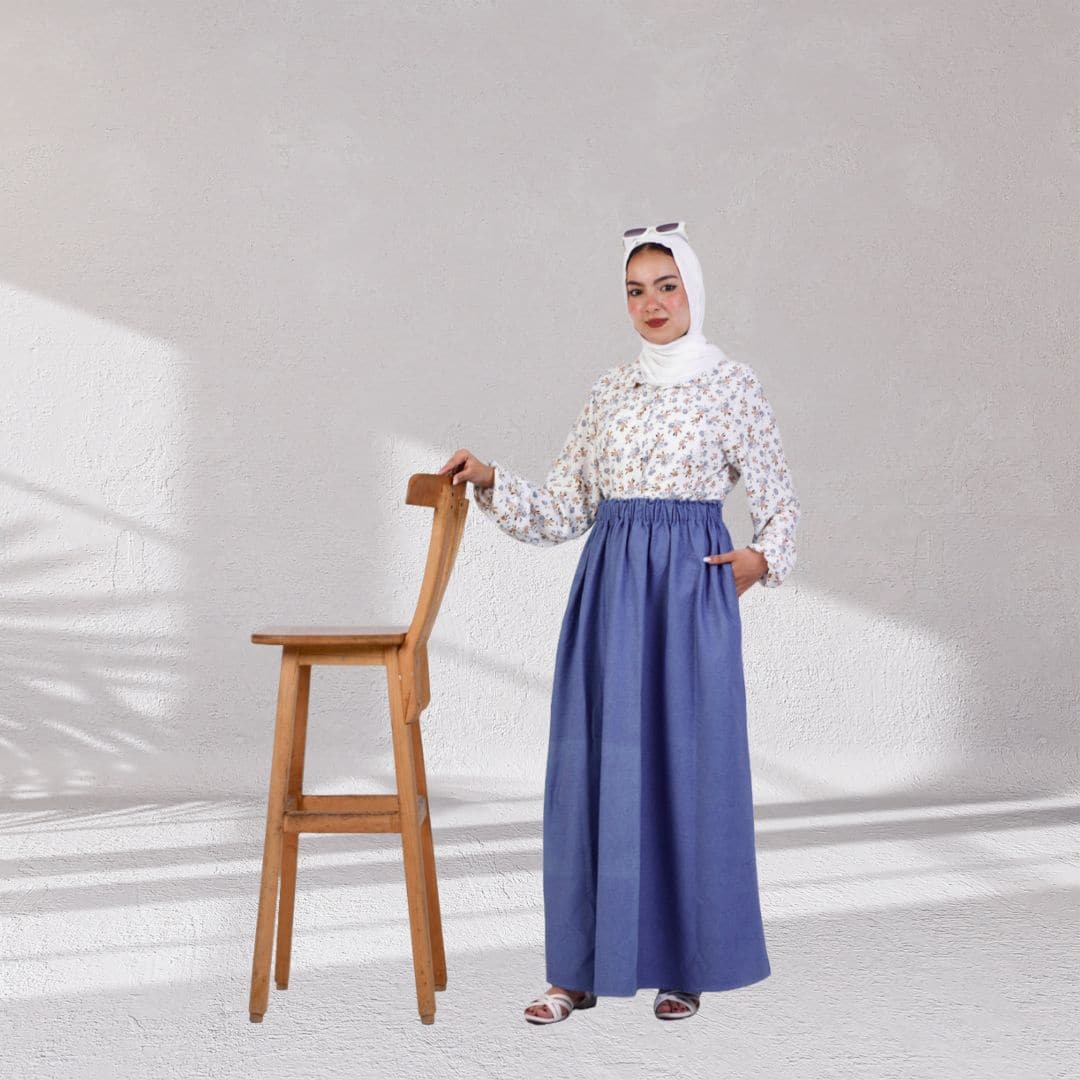 Two-Piece Modest Set: Floral Blouse & Blue Denim Skirt - I Make This