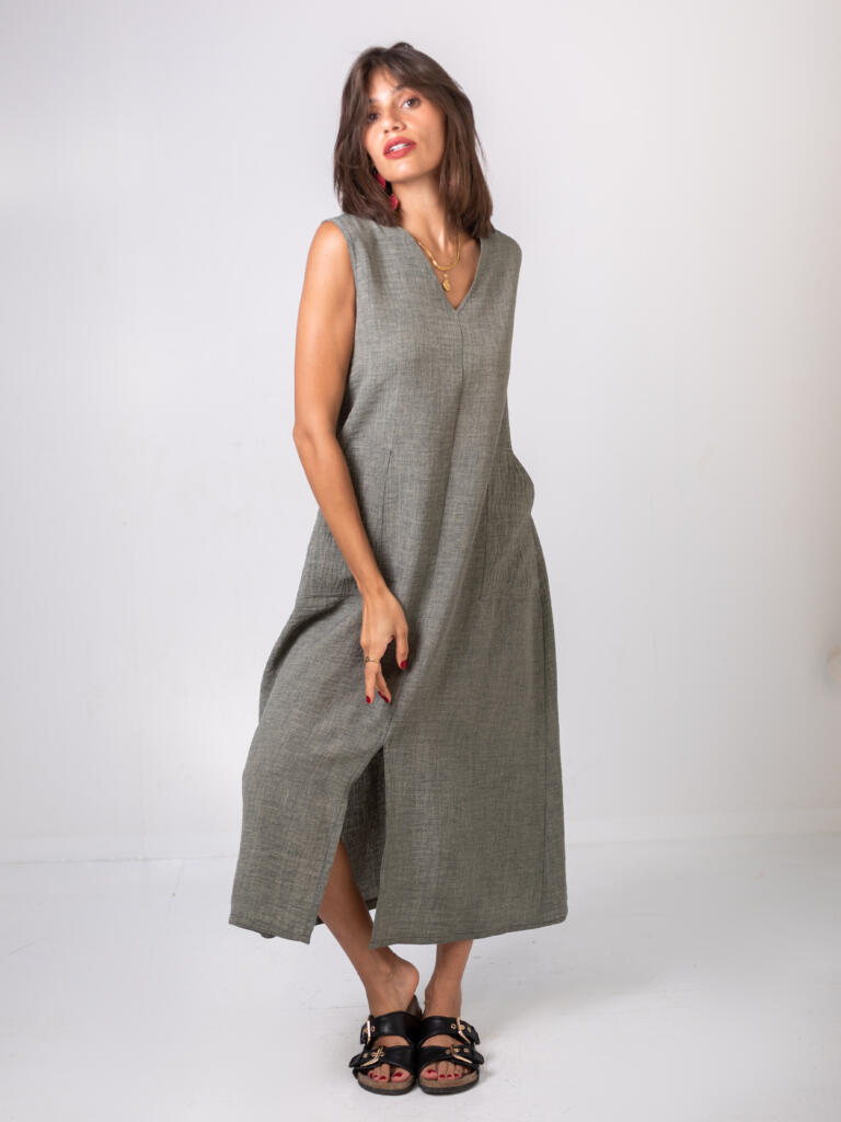 Olive linen long dress with pockets - I Make This